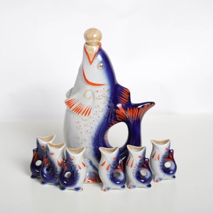 Set of Fish Carafe and 6 Wine Glasses, Vintage Carafe, Vintage Wine ...