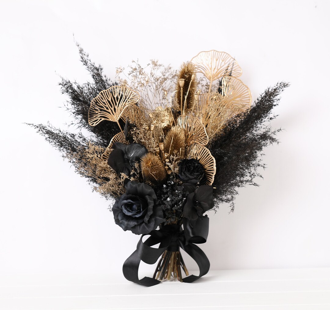 Black Gold Wildflower Bouquet, Gothic Wedding Bouquet With Gold Ginkgo ...