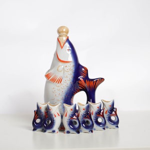 Set of Fish Carafe and 6 Wine Glasses, Vintage Carafe, Vintage Wine ...