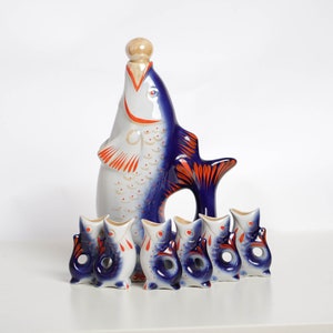 Set of Fish Carafe and 6 Wine Glasses, Vintage Carafe, Vintage Wine ...