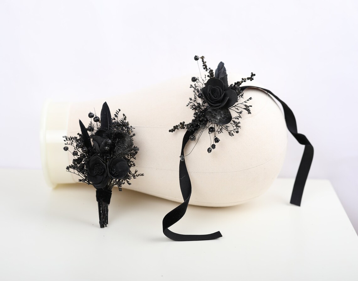 Black Goth Corsage, Gothic Wedding Corsage, Black Corsage, Black Flower ...