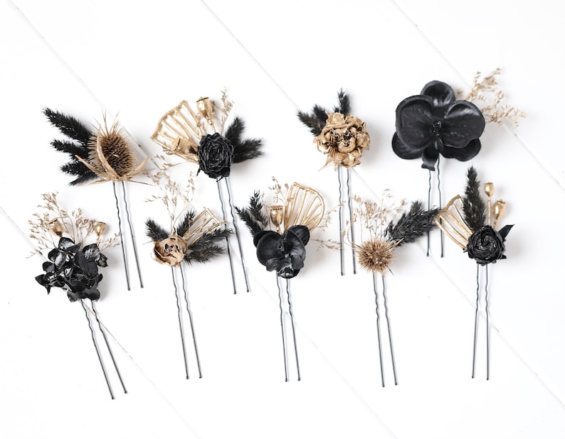 Black Gold Wildflower Bouquet, Gothic Wedding Bouquet With Gold Ginkgo ...