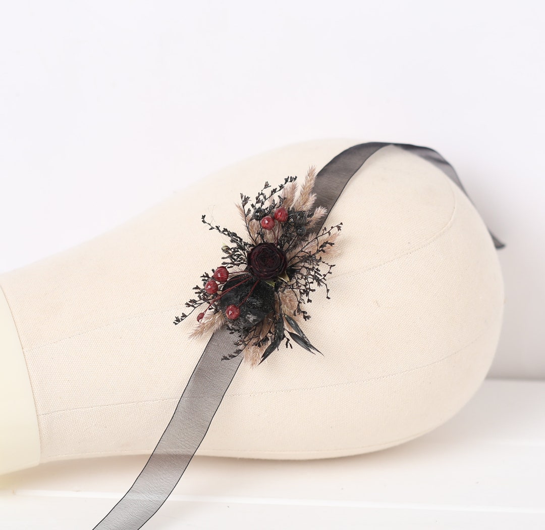 Black Burgundy Corsage, Black Goth Corsage, Gothic Wedding Corsage ...