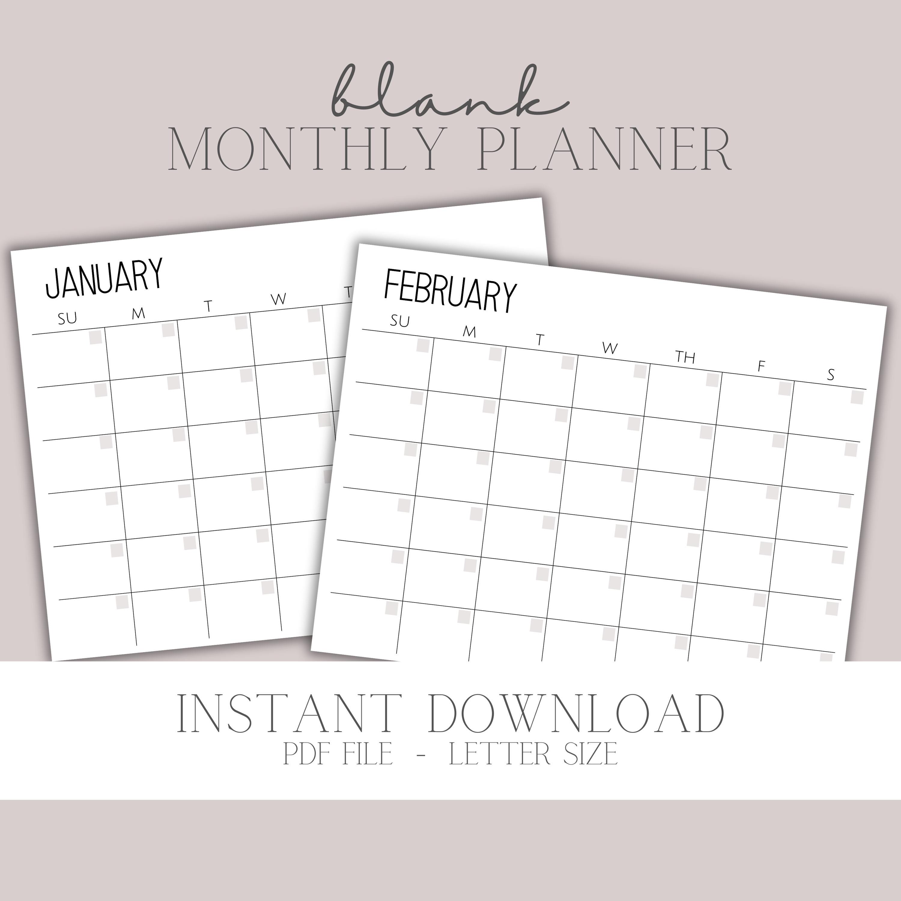 Blank Monthly Calendar, Planner, Minimalist Calendar, Monthly Printable ...