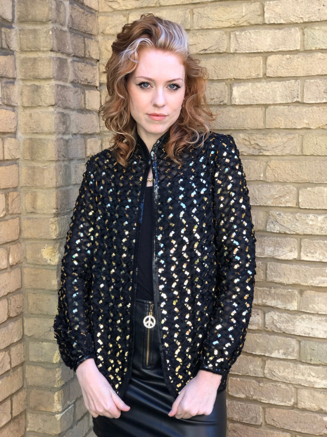 RARE 80s Black Gold Sequin Sheer Glitter Disco Gina Bacconi Beaded ...