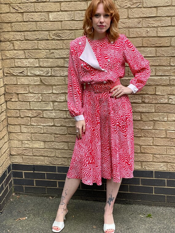 80s Vintage Red Nu Wave Zig Zag Print Avantgarde Day … - Gem