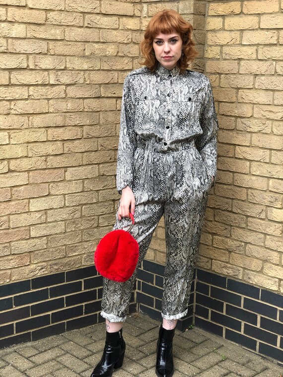 80s Snake Black White Grey Silver Satin Jumpsuit Romper - Etsy