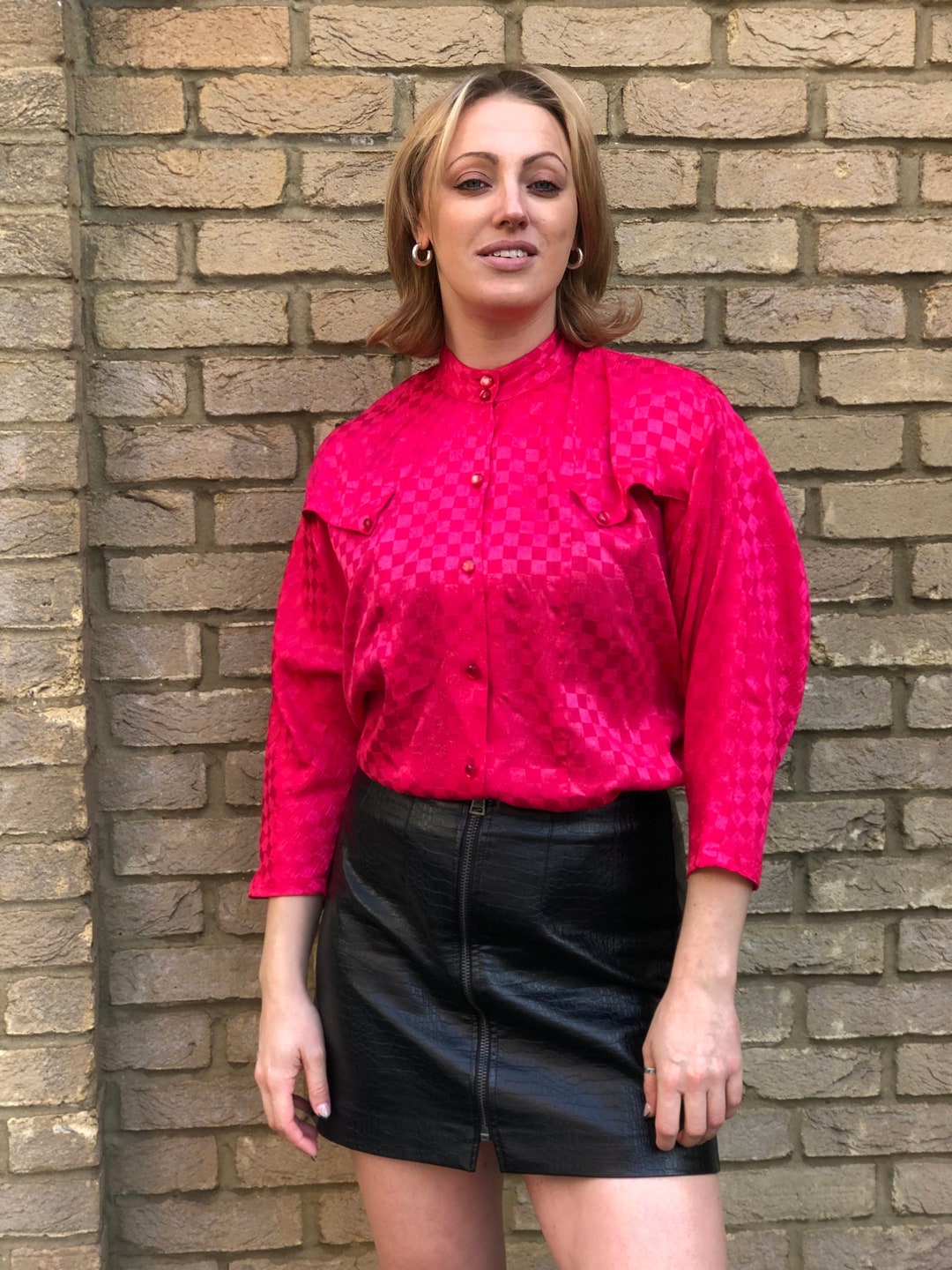 80s Vintage Pink Cerise Satin Checker Abstract Print Oversized Blouse ...