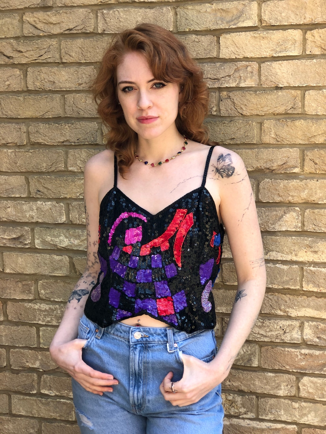 RARE 80s Sequin Checker Glitter Disco Frank Usher Beaded Funky Party ...