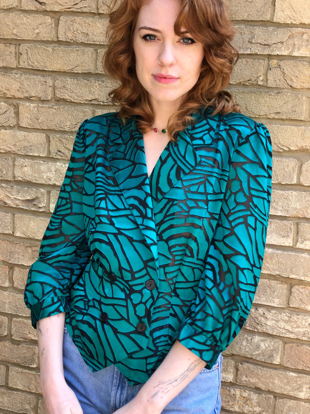 80s Teal Black Satin Devore Shirt Vintage Funky Retro Blouse - Etsy