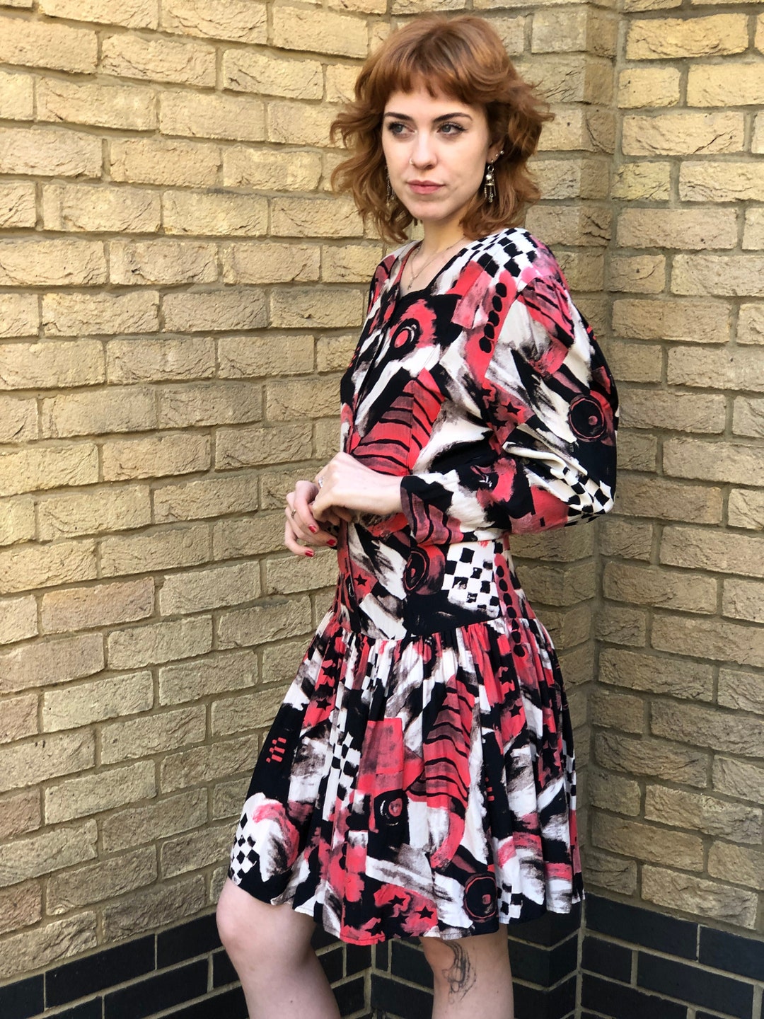 80s Vintage Checkerboard Harlequin Red, Black and White Long Puff ...