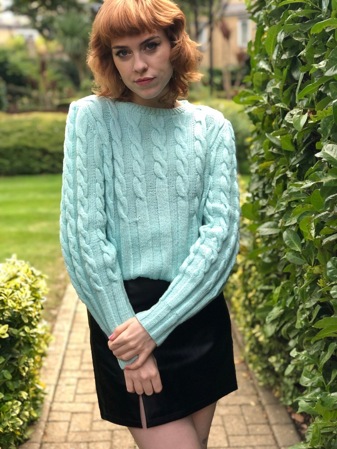 80s Pastel Aqua Blue Cable Knit Jumper Slouchy Lurex Glitter Threads ...