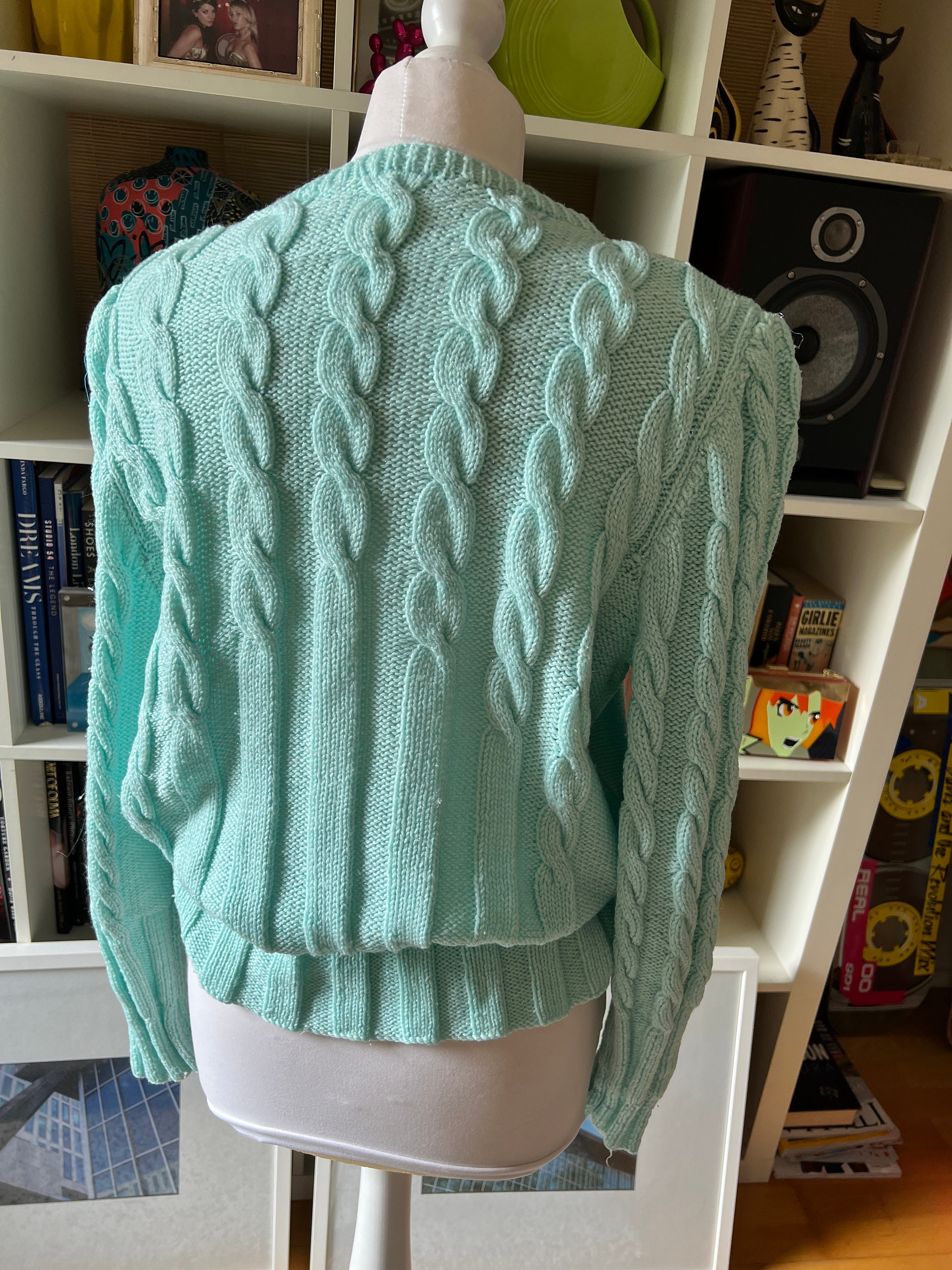 80s Pastel Aqua Blue Cable Knit Jumper Slouchy Lurex Glitter Threads ...