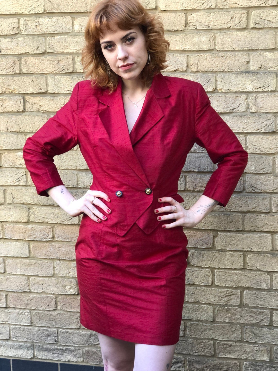 80s Vintage Red Tafetta Shantung Silk Matching Bustier Cocktail Dress ...