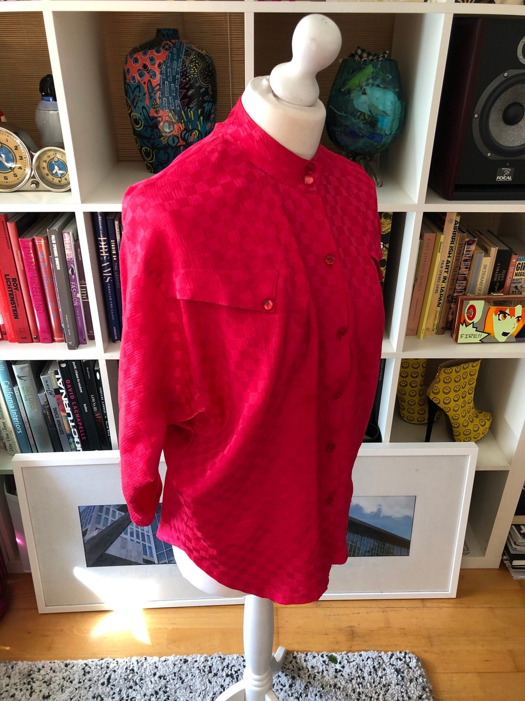 80s Vintage Pink Cerise Satin Checker Abstract Print Oversized - Etsy