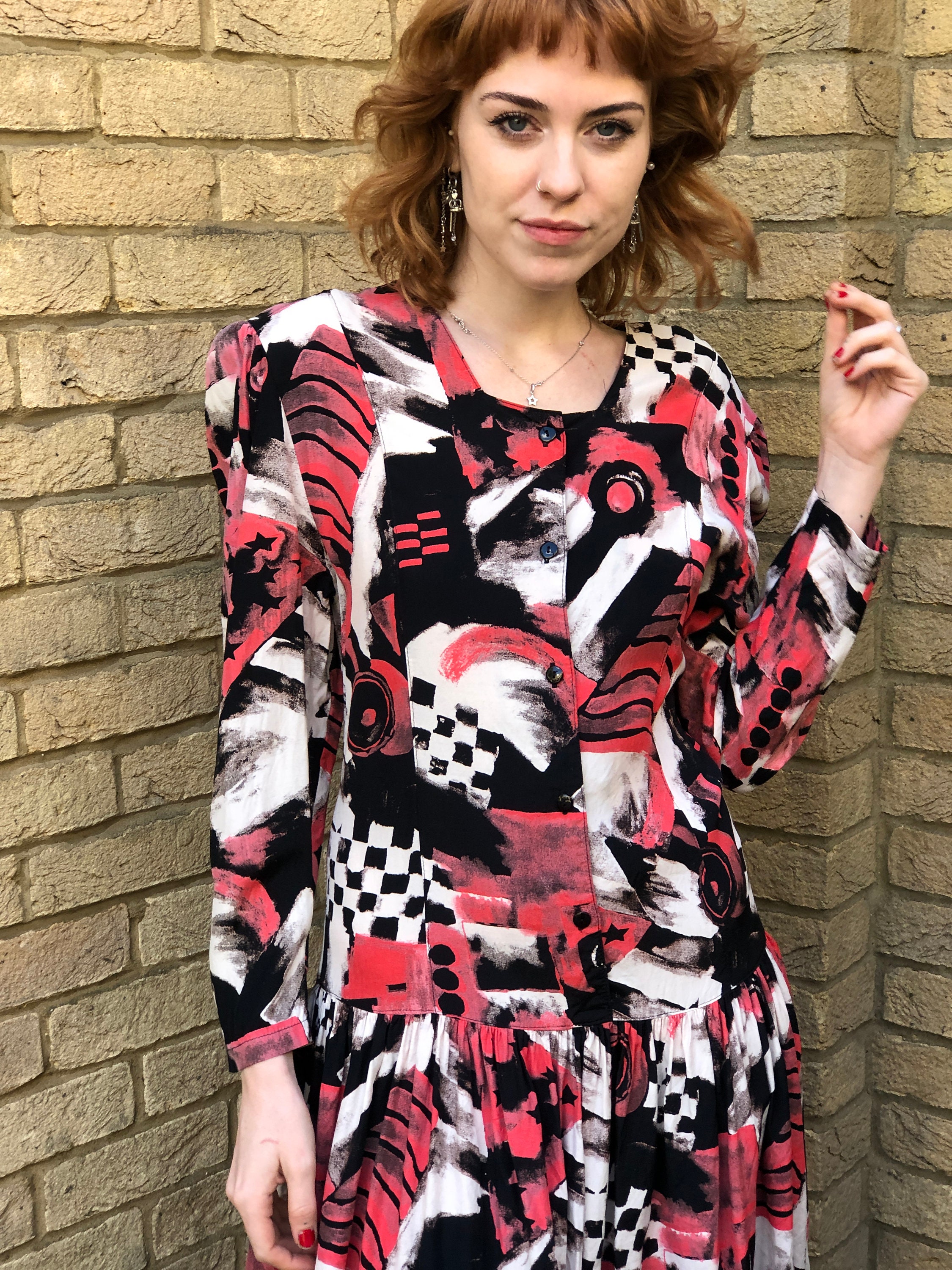 80s Vintage Checkerboard Harlequin Red Black and White Long - Etsy