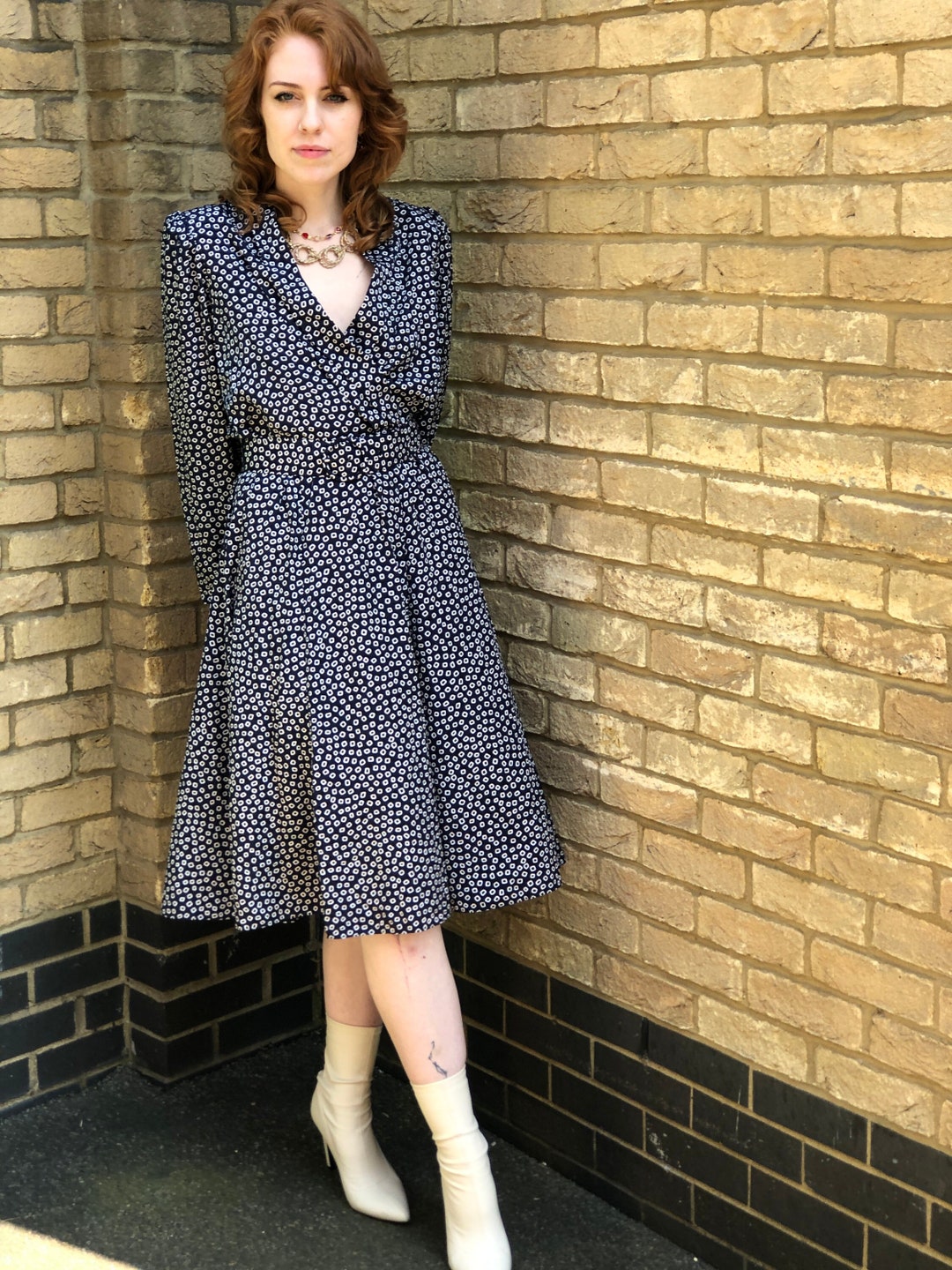 80s Does 40s Navy Blue St Michael Vintage Long Sleeve Belted Day Tea ...