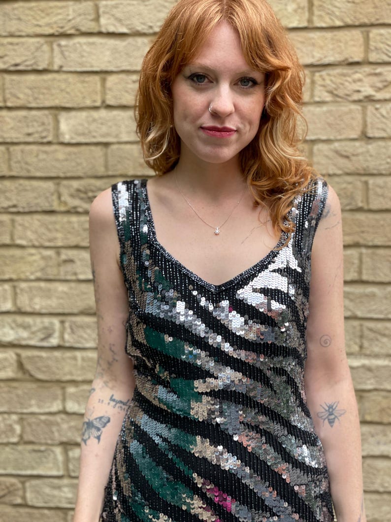 RARE 80s 90s Vintage Silver Black Zebra Animal Sequin Beaded Formal ...