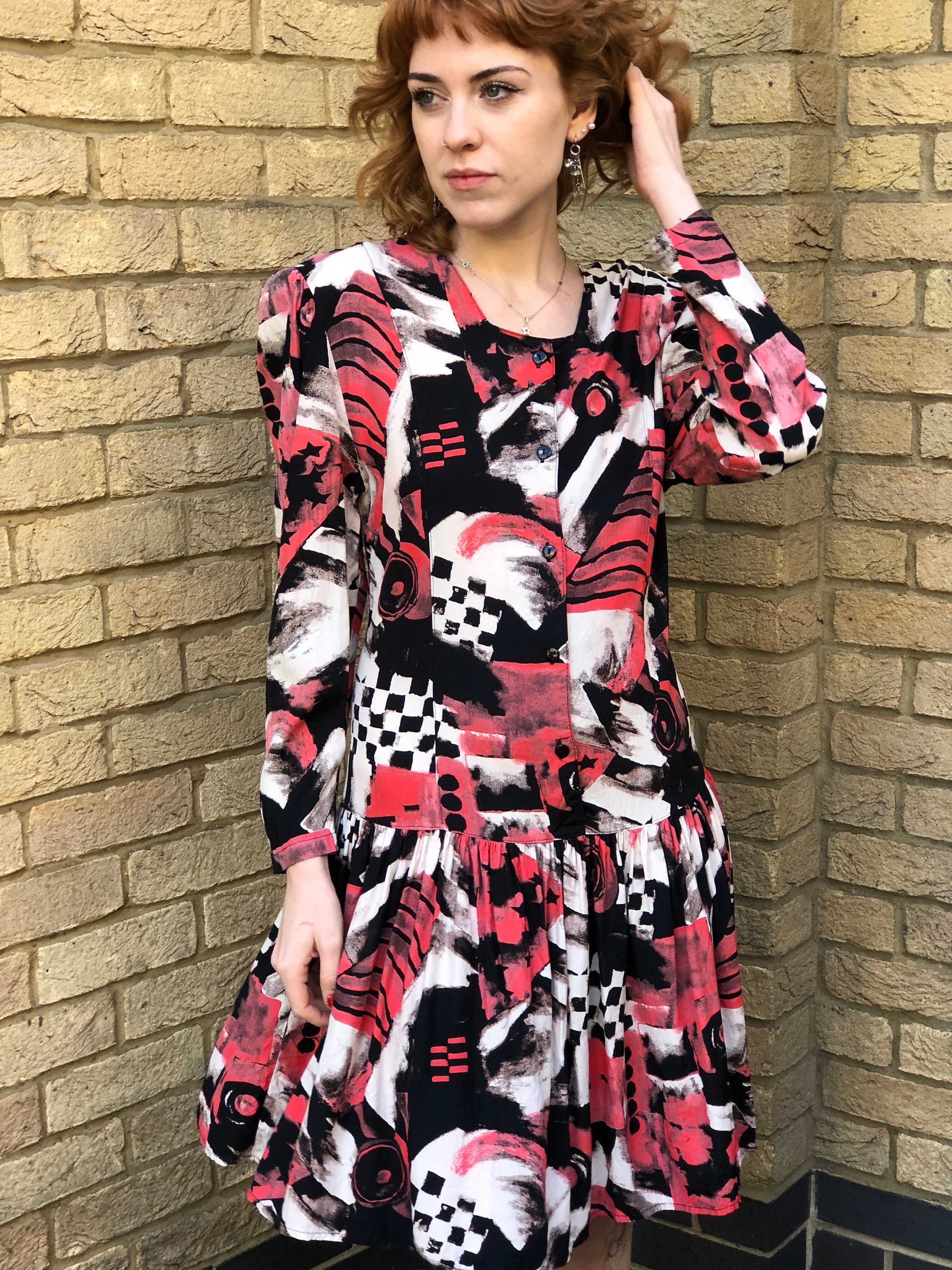 80s Vintage Checkerboard Harlequin Red Black and White Long - Etsy