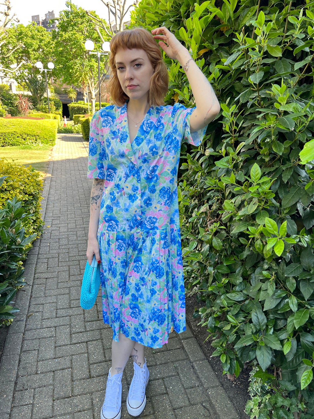 80s Geek Chic Secretary Retro Pastel Floral Drop Waist Pleated Midi ...