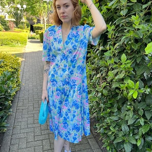 80s Geek Chic Secretary Retro Pastel Floral Drop Waist Pleated Midi ...