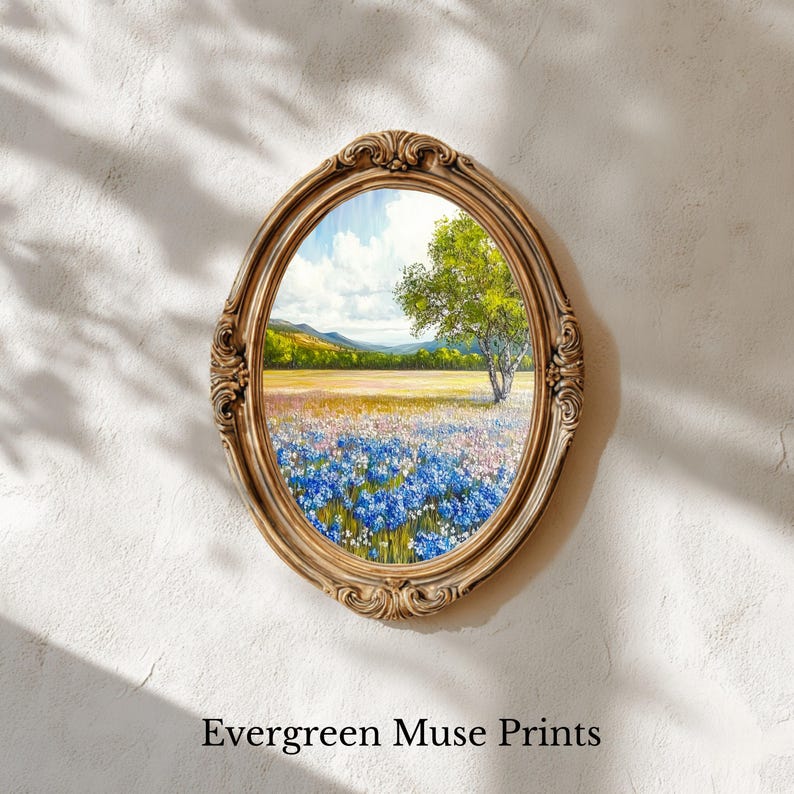 Sunlit Wildflower Meadow Print | Blue Wildflower Landscape Art | Birch ...