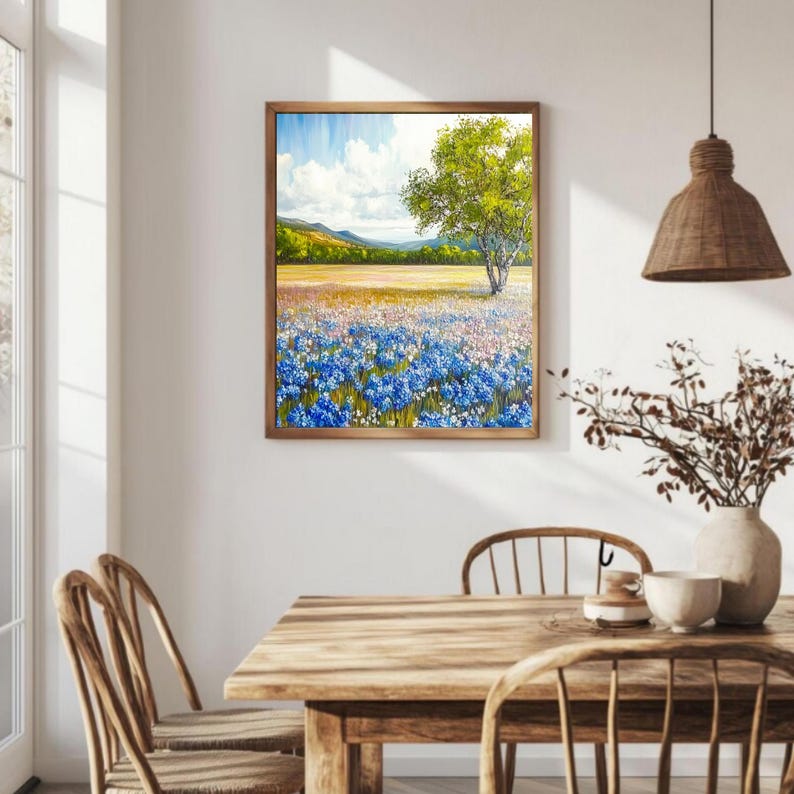 Sunlit Wildflower Meadow Print | Blue Wildflower Landscape Art | Birch ...