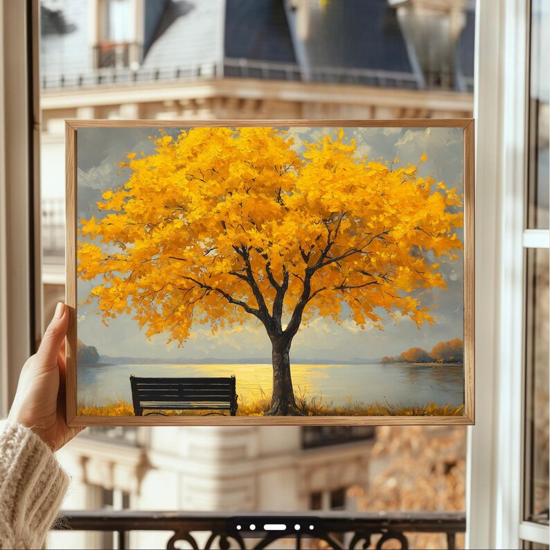 Golden Autumn Tree Painting Print | Moody Lake Landscape Wall Art ...