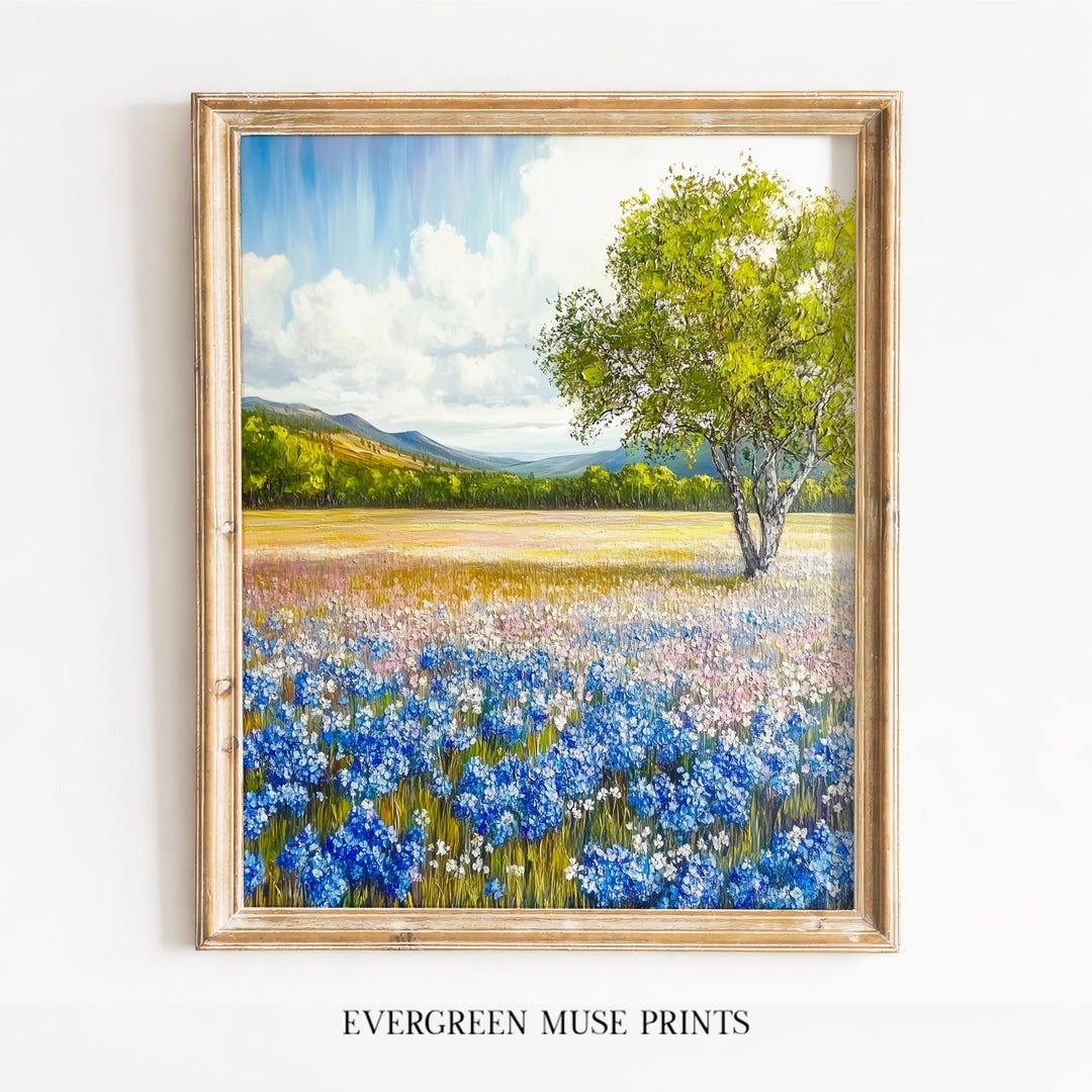 Sunlit Wildflower Meadow Print | Blue Wildflower Landscape Art | Birch ...