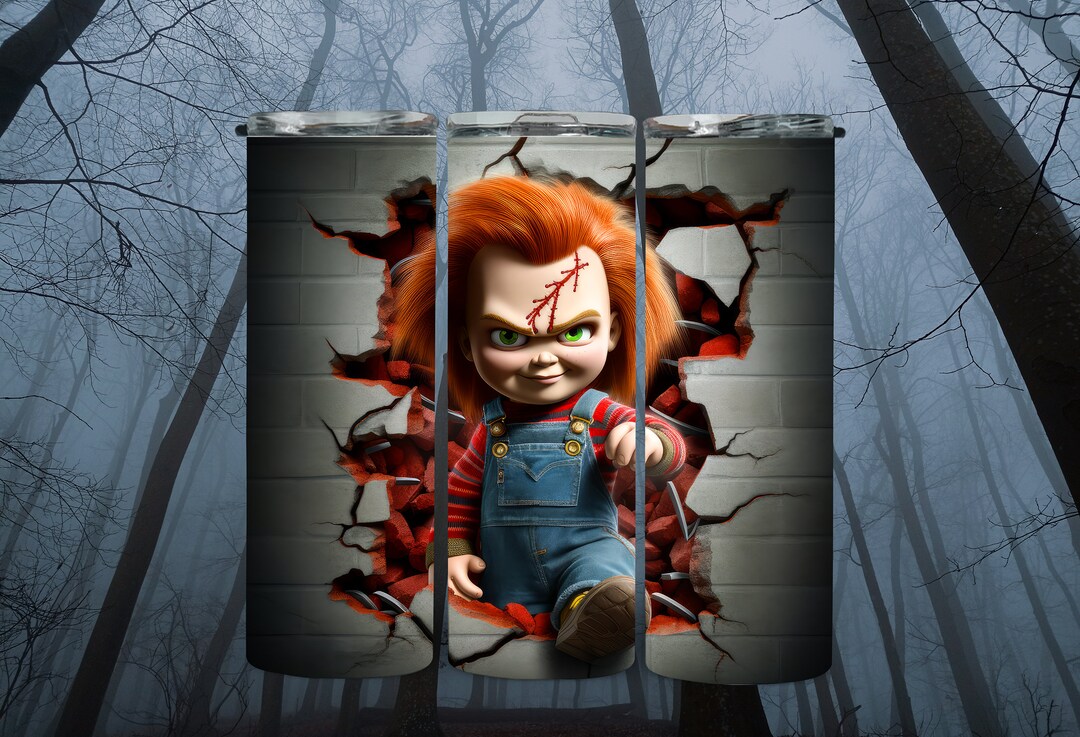 Chucky Doll Bursting Through Wall Tumbler | 20 Oz Skinny | Spooky ...