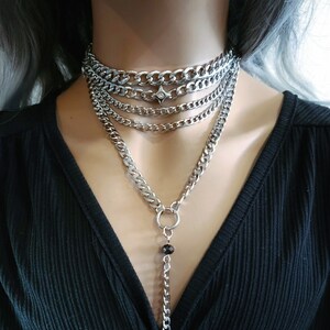 Silver Layered Gothic Punk Choker Collar Multi Strand Chunky Chain Necklace Set | Non Tarnish ...