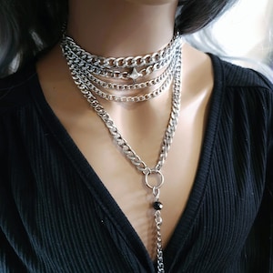 Silver Layered Gothic Punk Choker Collar Multi Strand Chunky Chain Necklace Set | Non Tarnish ...