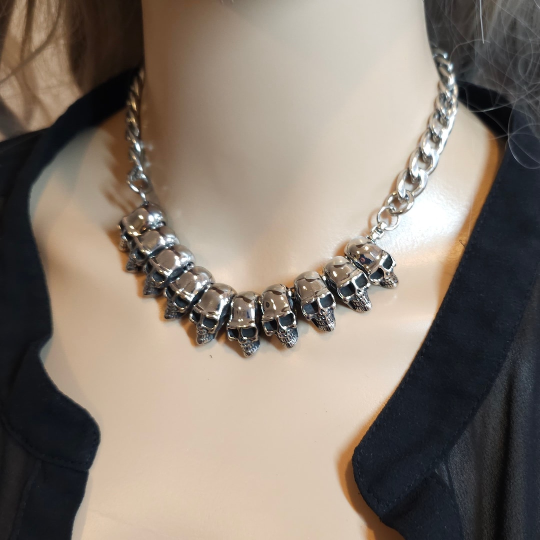 Silver Skull Bead Gothic Punk Collar Choker Necklace Handmade Jewelry ...