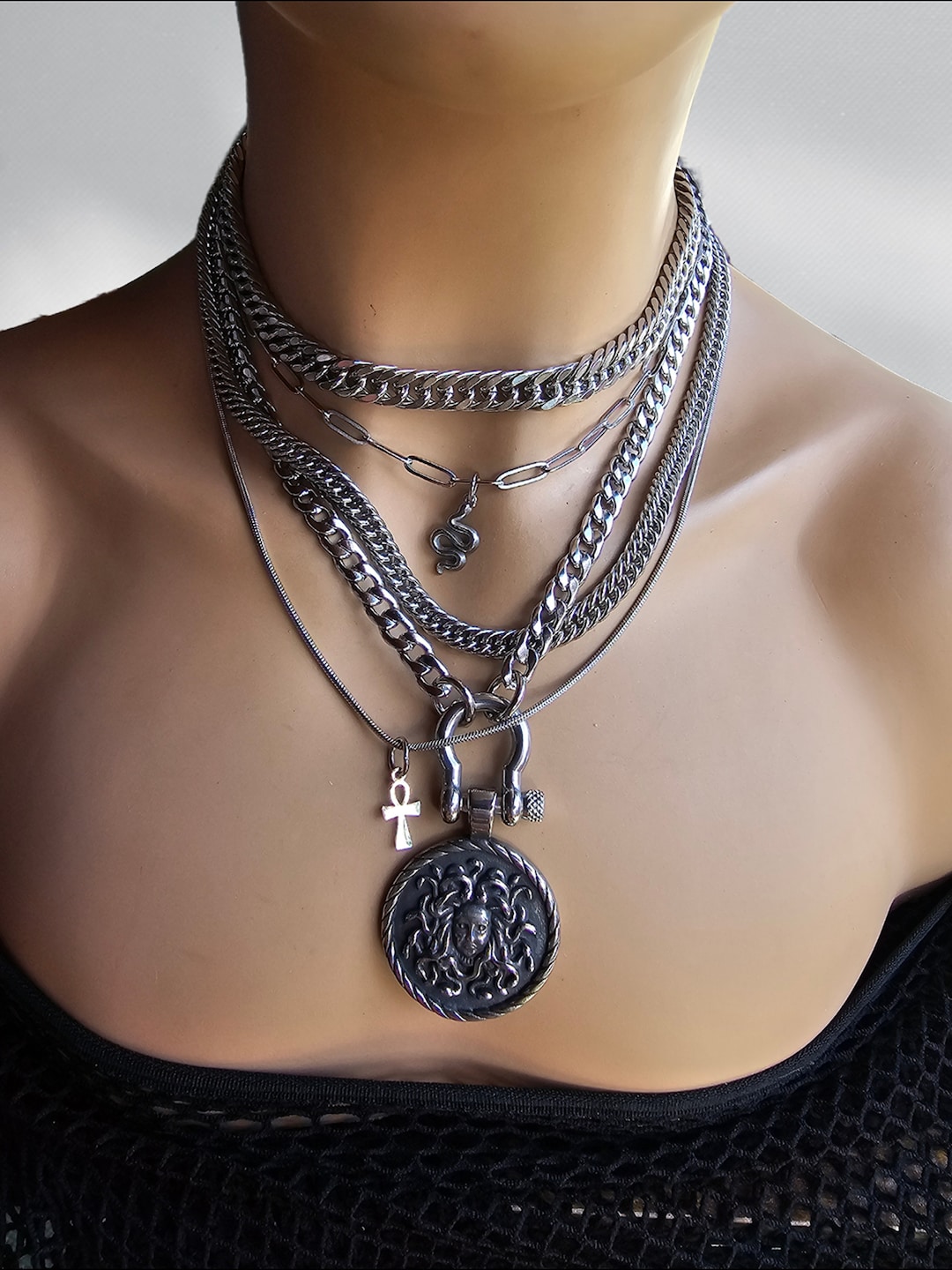Steel Medusa Layered Multi Strand Chunky Chain Gothic Choker Collar Necklace Set - Handmade ...