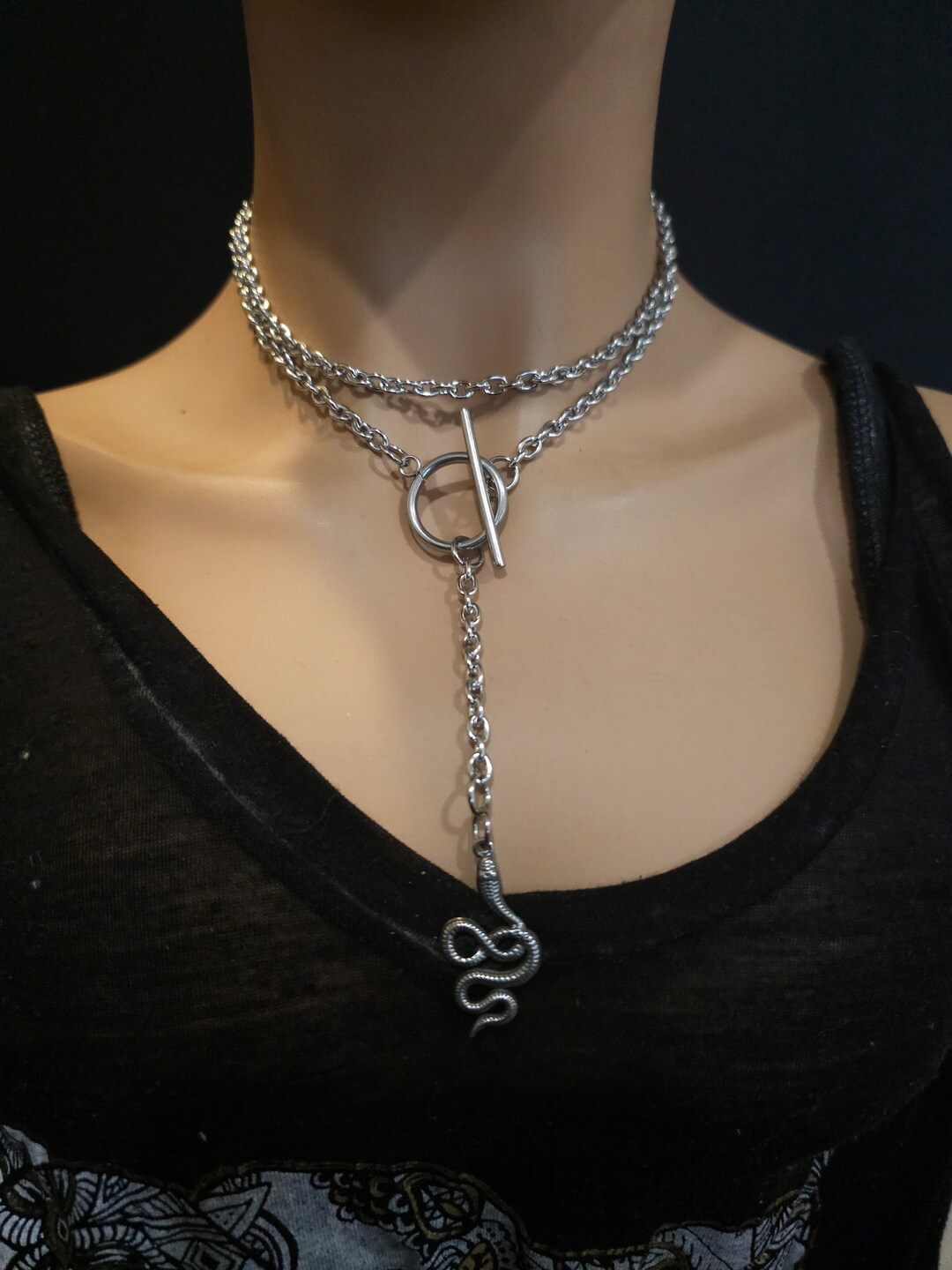 Silver Slip Chain Elegant Lariat Necklace With Snake Drop Charm ...