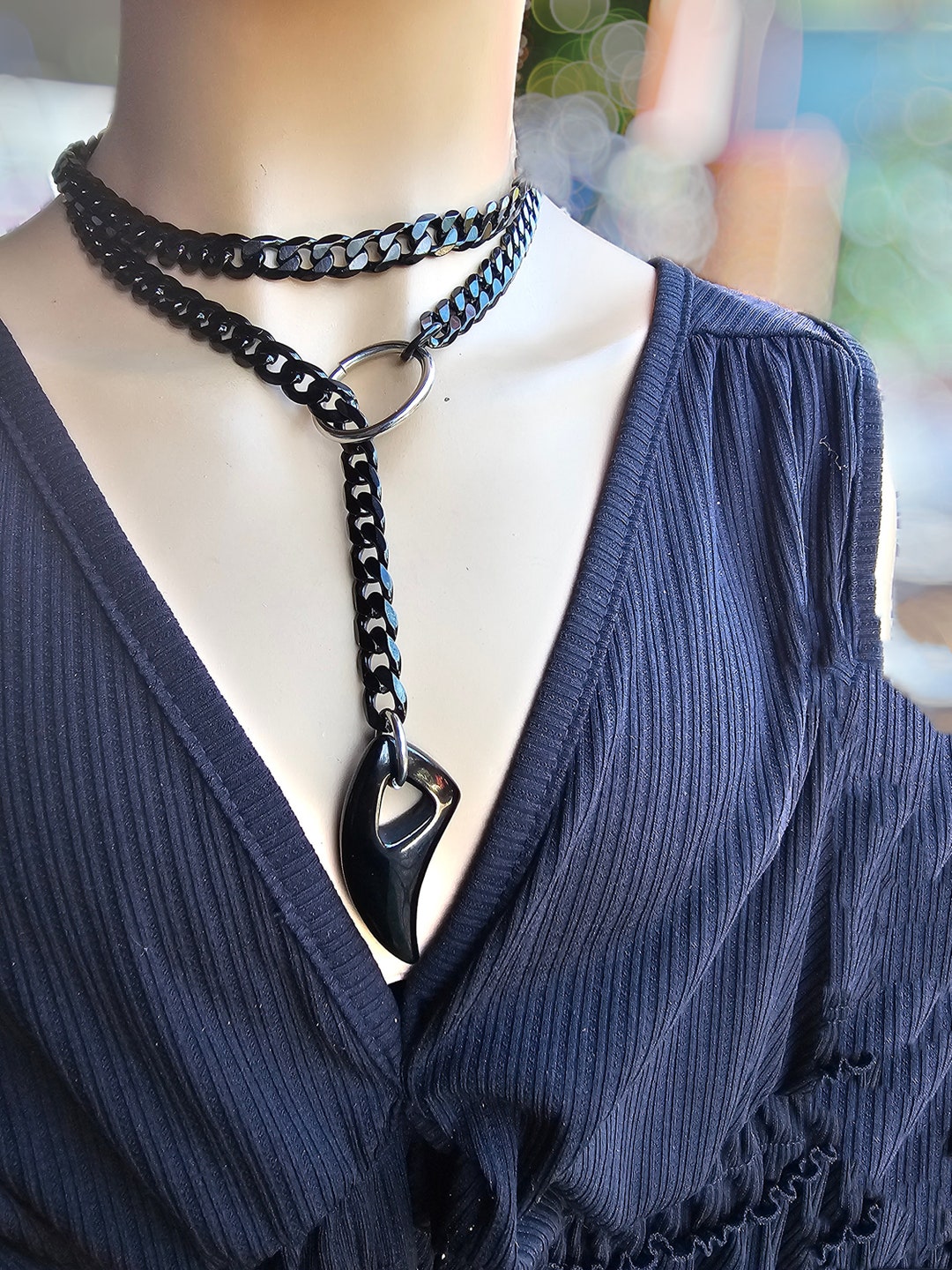 Black Steel Slip Chain Goth Collar Choker Leash Layered Necklace With ...
