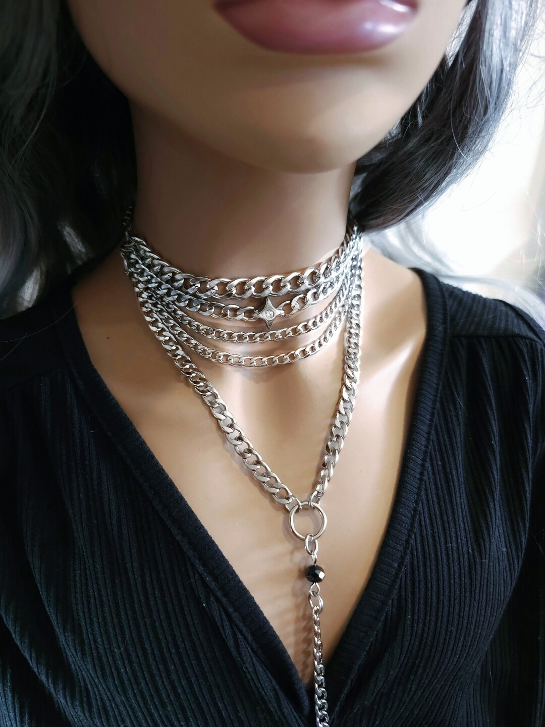 Silver Layered Gothic Punk Choker Collar Multi Strand Chunky Chain Necklace Set | Non Tarnish ...