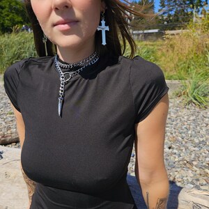 Silver Heavy Metal Steel Lariat Necklace With Steel Tusk Pendant Goth ...