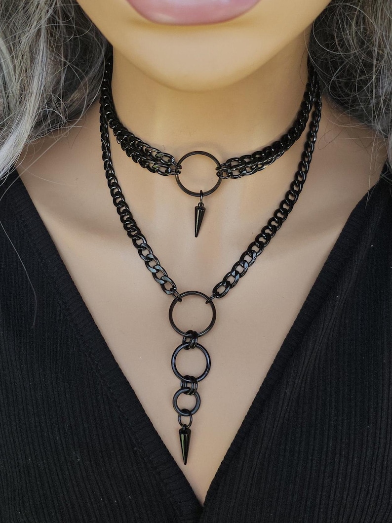 Black Steel Collar Style Gothic Choker Layered Spike Necklace Set - Etsy