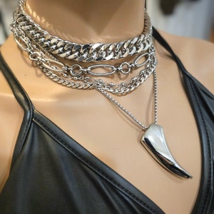 Silver Layered Multi Strand Chunky Chain Gothic Choker Necklace Set ...