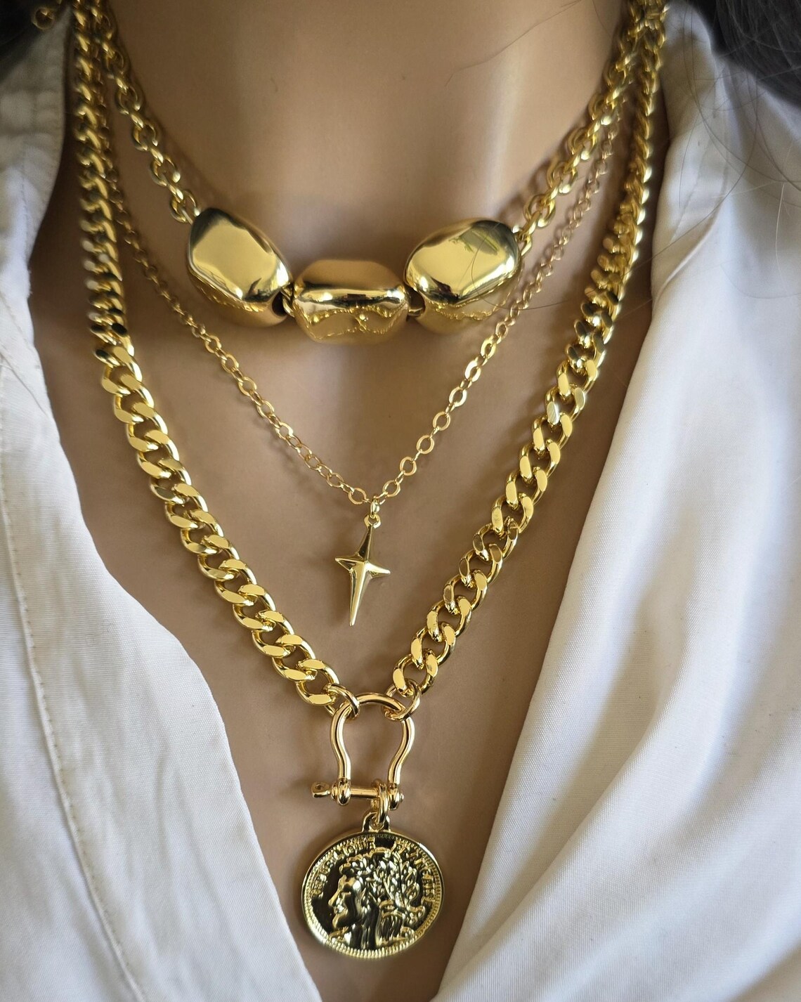 Gold Plated Layered Chunky Chain Necklace With Coin, Polaris, and ...