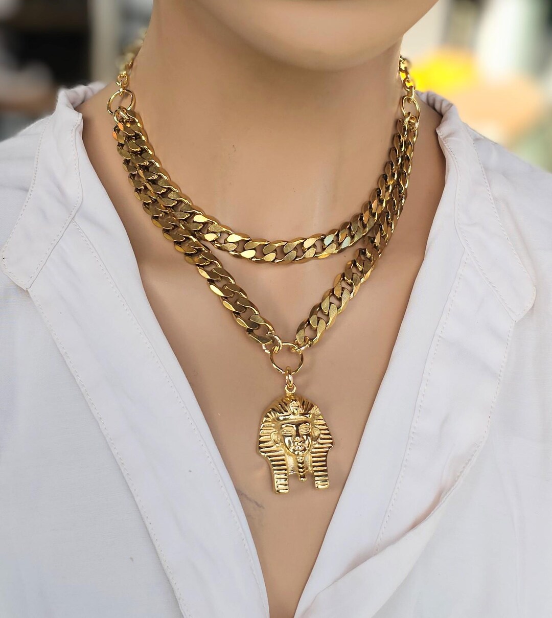 Chunky Layered Chain Maximalist Statement Gold Choker Pharoah Necklace Set Handmade Edgy ...