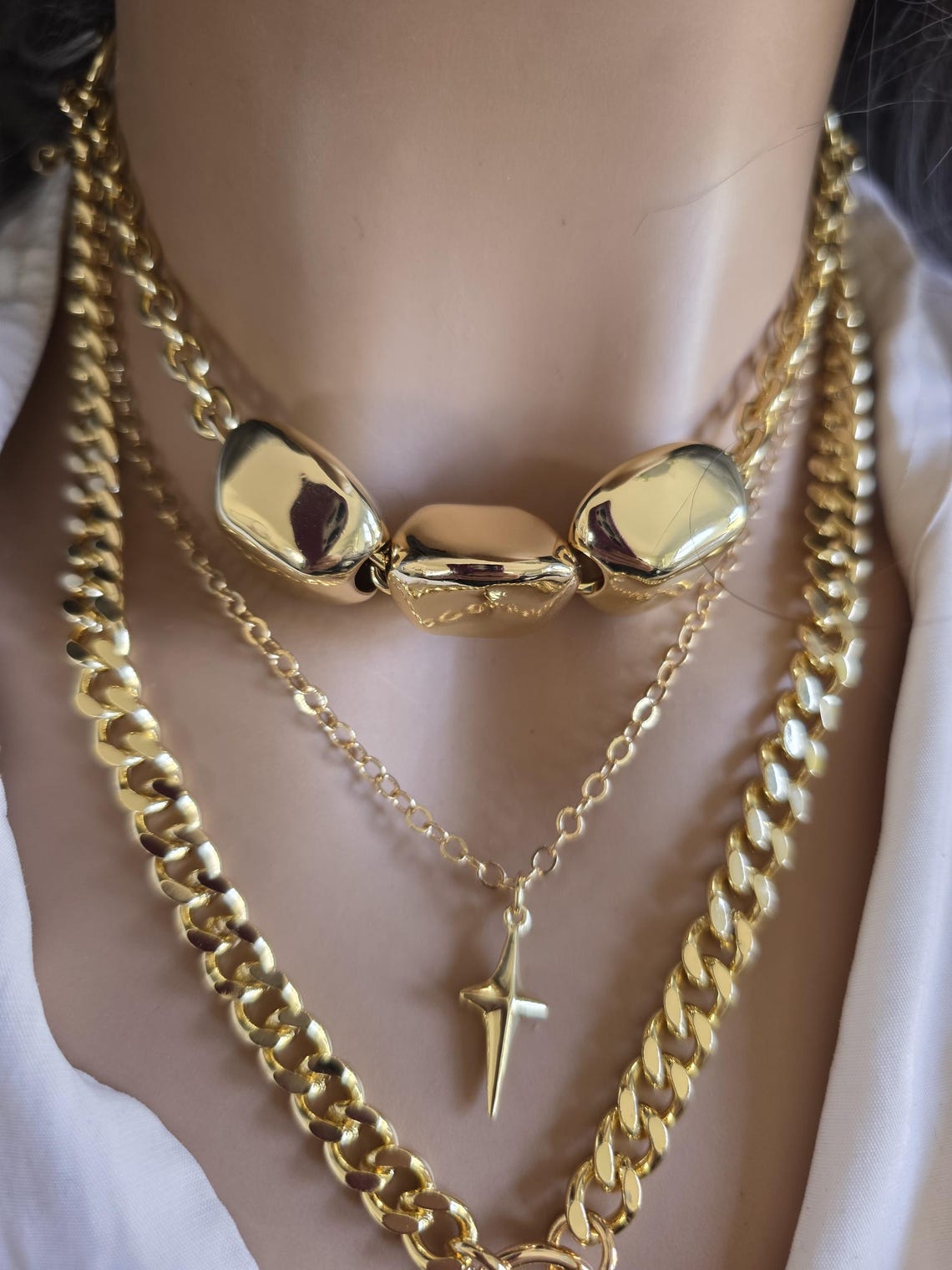 Gold Plated Layered Chunky Chain Necklace With Coin, Polaris, and ...