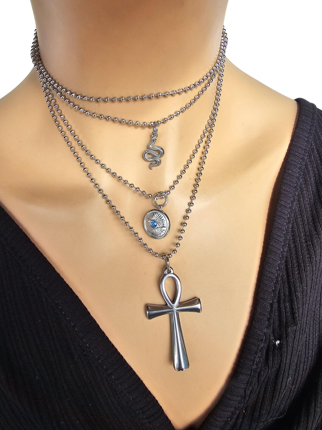 Ankh Necklace Set - Evil Eye Snake Layered Necklace - 60 Inch Ball ...