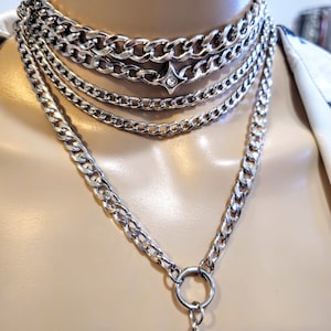 Silver Layered Gothic Punk Choker Collar Multi Strand Chunky Chain Necklace Set | Non Tarnish ...