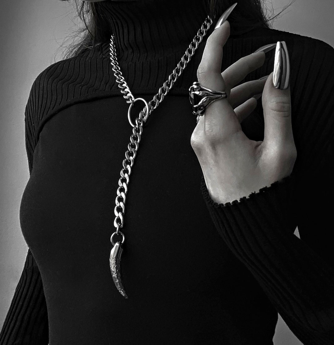 Silver Heavy Metal Steel Lariat Necklace With Steel Tusk Pendant Goth ...