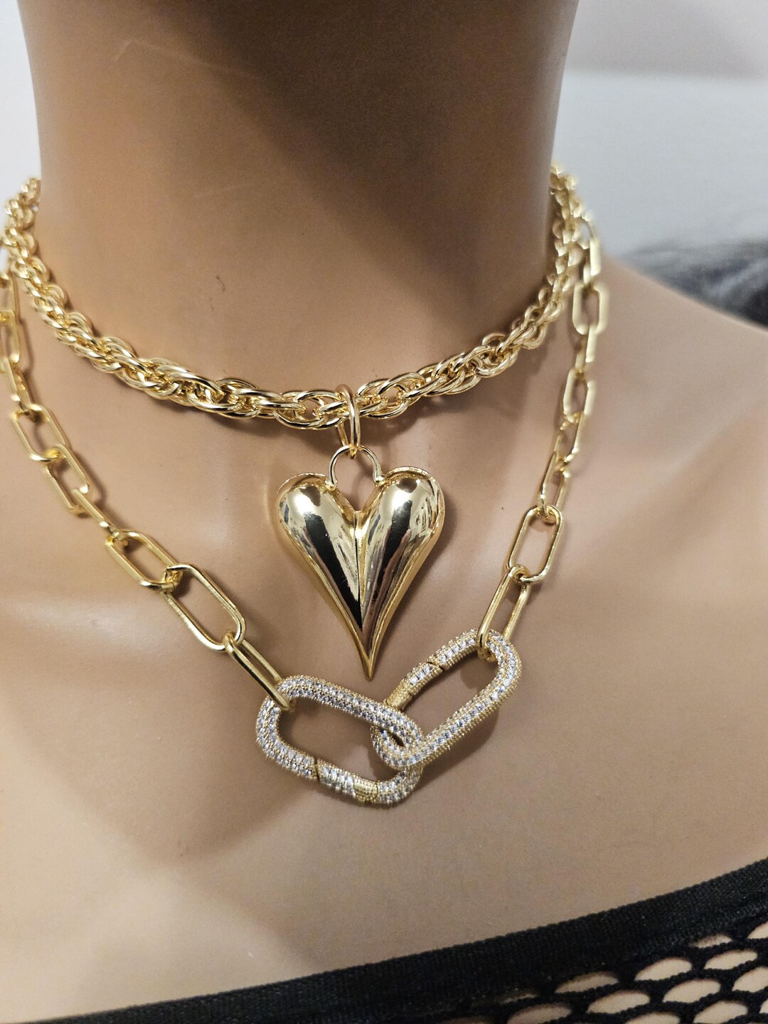 Gold 3D Bubble Heart Necklace Choker and Cubic Zirconia Infinity Collar ...