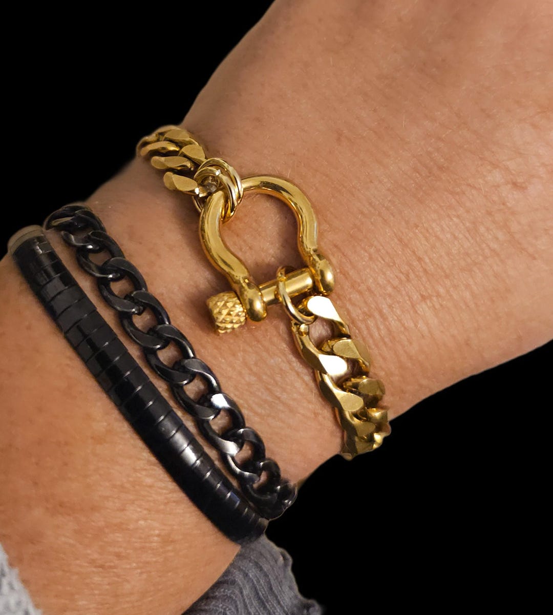 24k Gold Plated Steel Shackle Chunky Edgy Statement Goth Bracelet ...