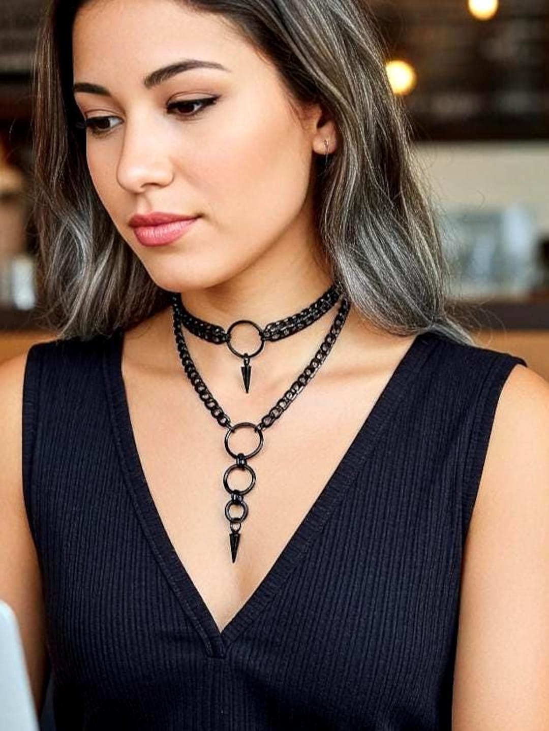 Black Steel Collar Style Gothic Choker Layered Spike Necklace Set - Etsy