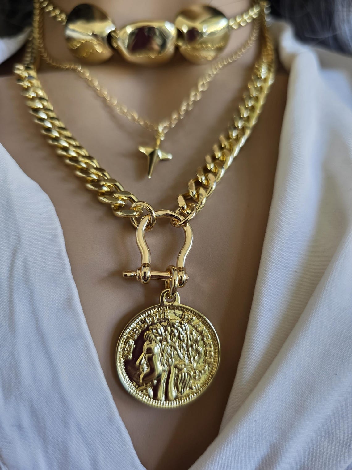 Gold Plated Layered Chunky Chain Necklace With Coin, Polaris, and ...